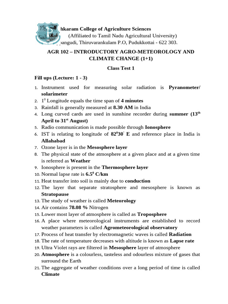 AGR 102 Fill Ups 1-3 Lect | PDF