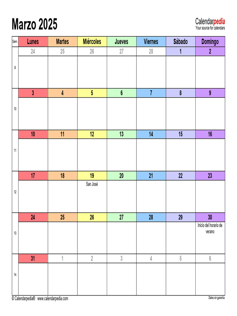 Calendario Marzo 2025 Espana Horizontal | PDF