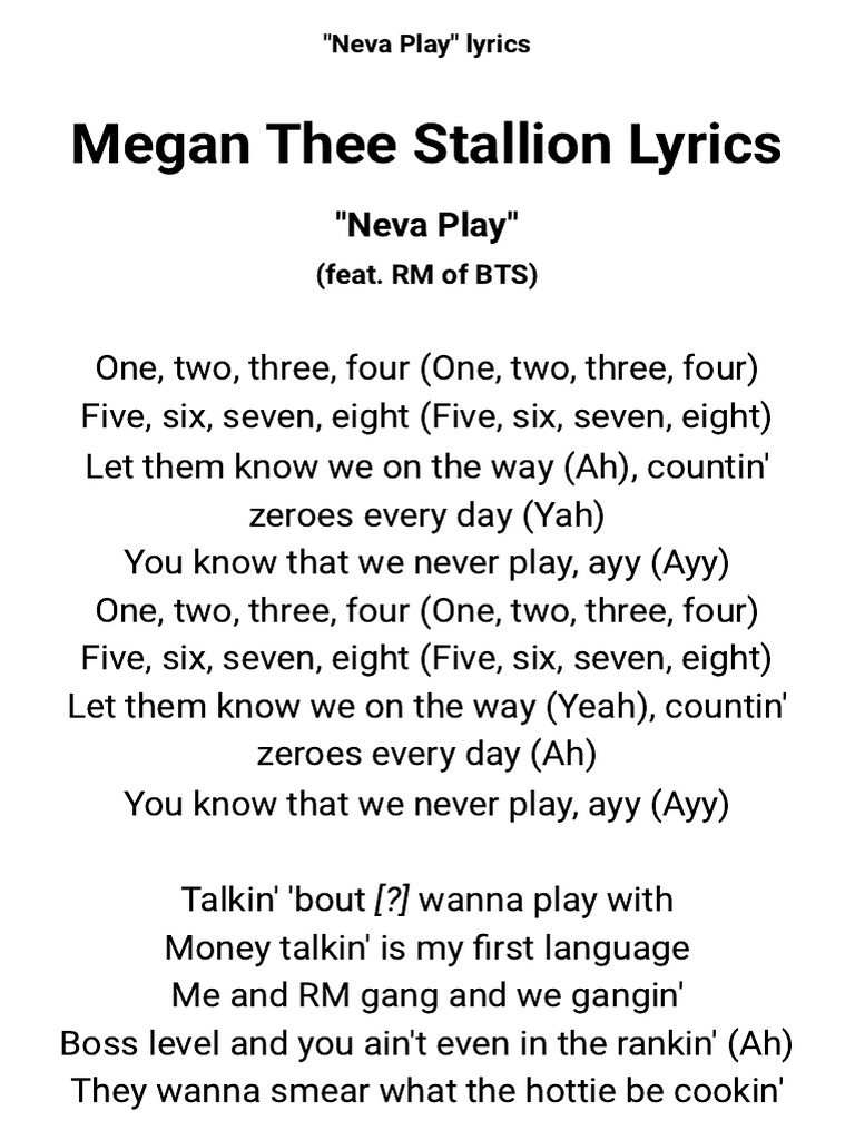 Megan Thee Stallion - Neva Play Lyrics | PDF