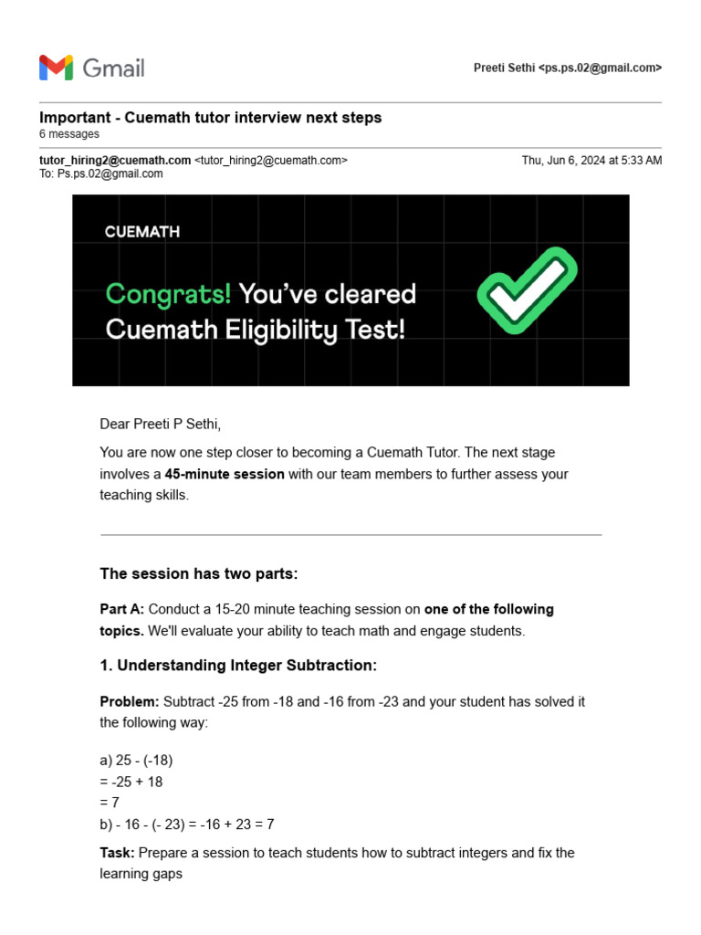 Gmail - Important - Cuemath Tutor Interview Next Steps | PDF