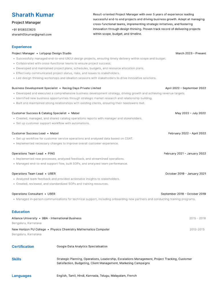 Sharath Kumar: Project Manager | PDF
