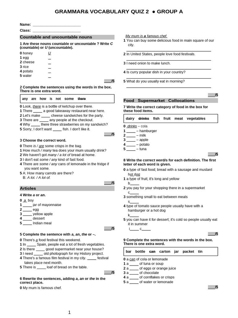 Grammar - Vocabulary Quiz - 2A | PDF