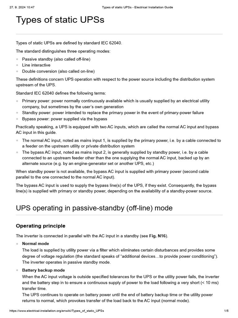 Types of Static UPSs - Electrical Installation Guide | PDF