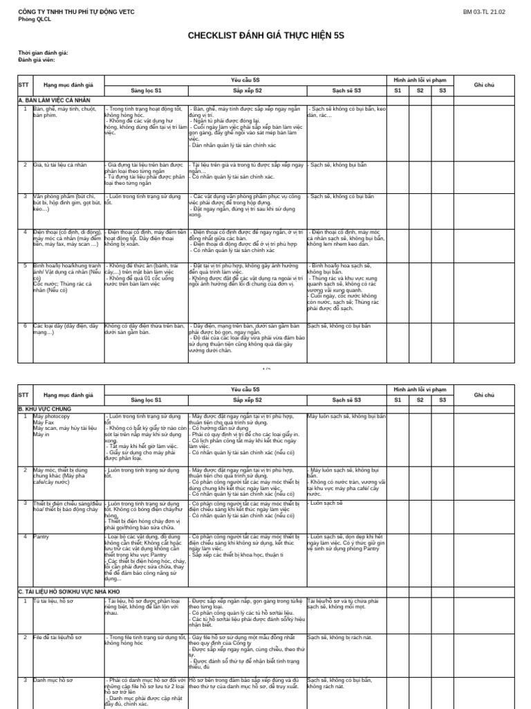 BM 03-TL21.02 Checklist Danh Gia 5S | PDF