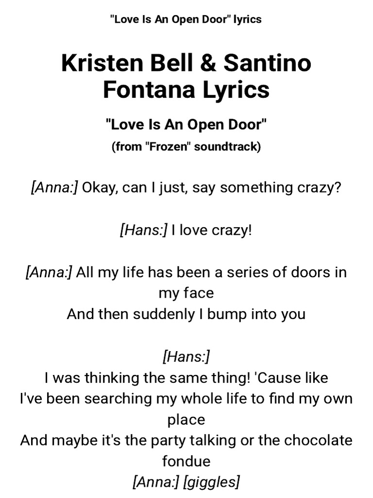 Kristen Bell & Santino Fontana - Love Is An Open Door Lyrics - A | PDF