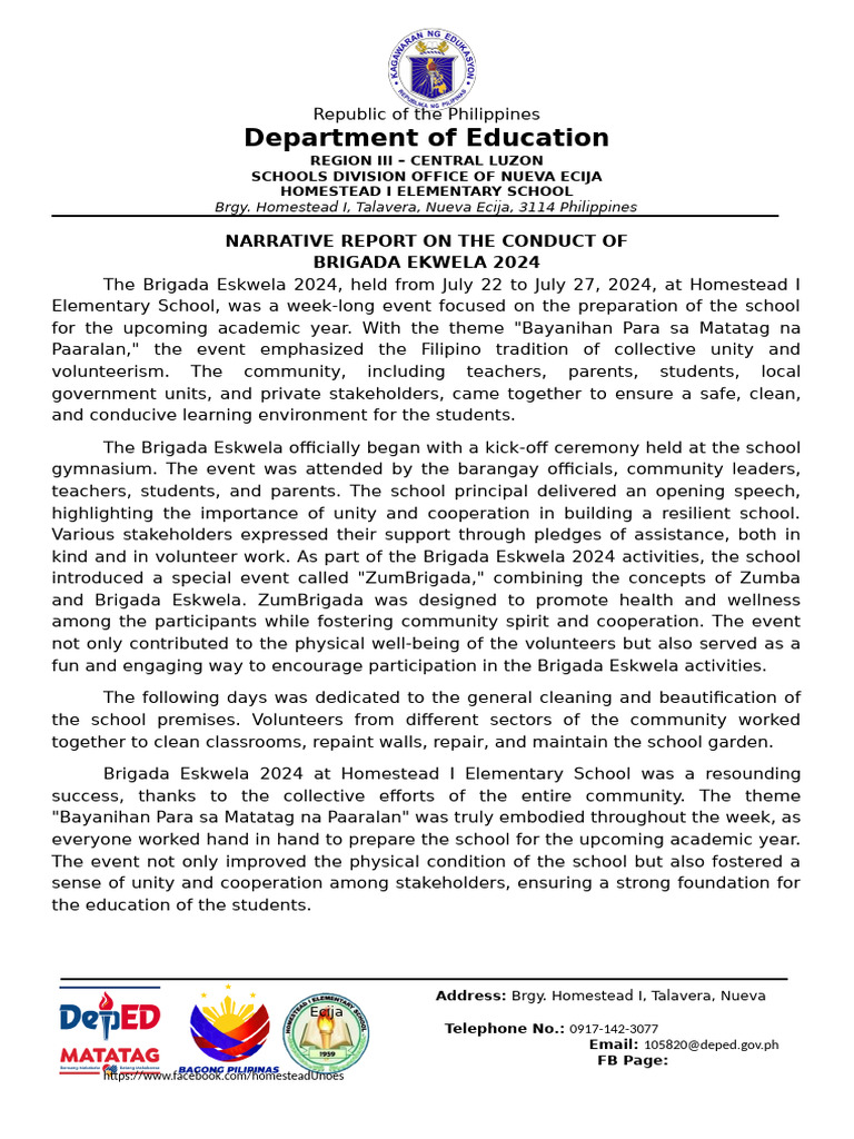 Narrative Report Brigada Eskwela | PDF