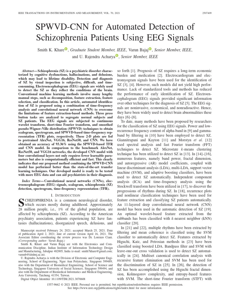 SPWVD-CNN For Automated Detection of Schizophrenia Patients Using EEG Signals | PDF