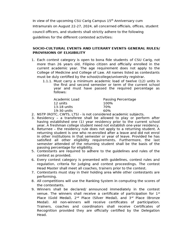 2024.08.27 Guidelines For The CSU Carig 15th Anniv Cum Intrams | PDF