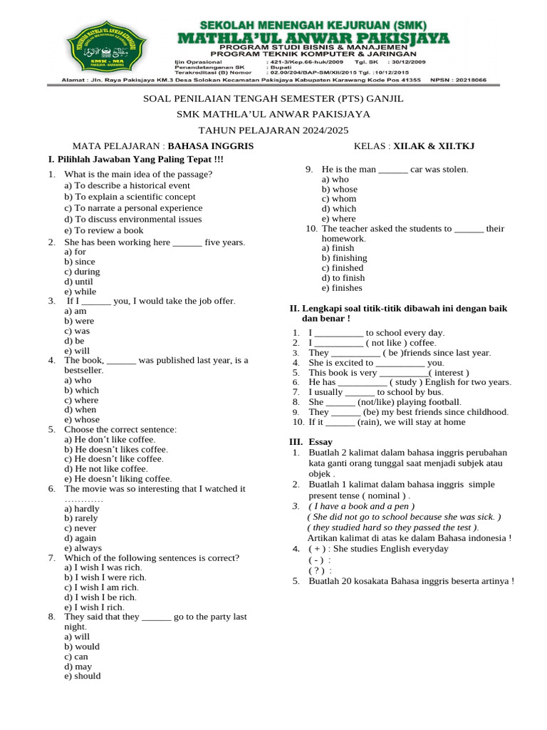 Soal PTS Bahasa Inggris Kelas Xii Ganjil | PDF