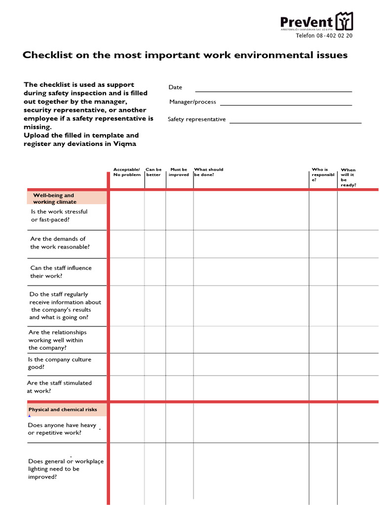 ENG. Checklist of The Most Important Working Environment Questions | PDF