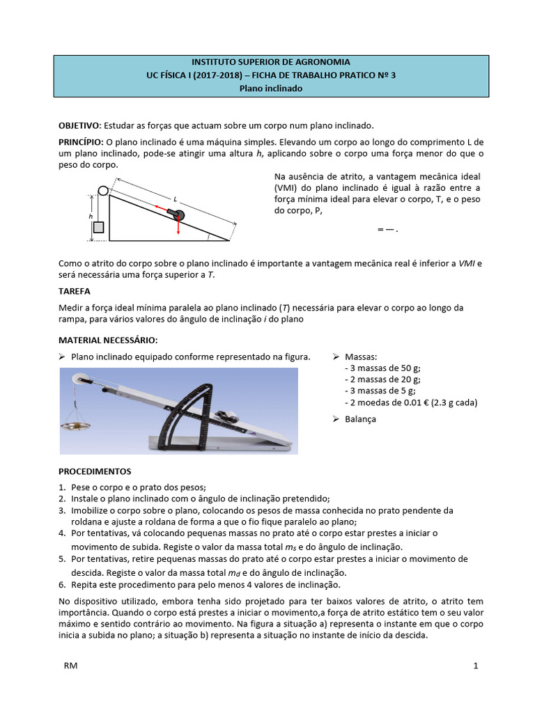 Ficha 3 Plano Inclinado 2017-2018 | PDF