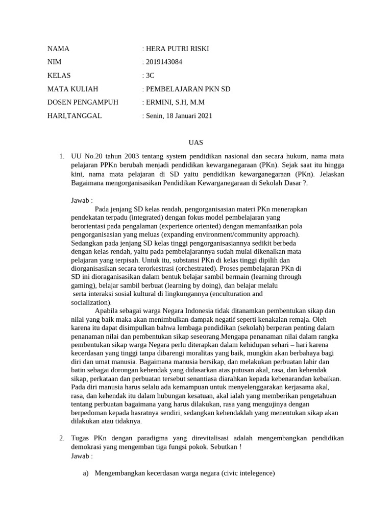Uas PKN Hera Putri Riski 2019143084 | PDF