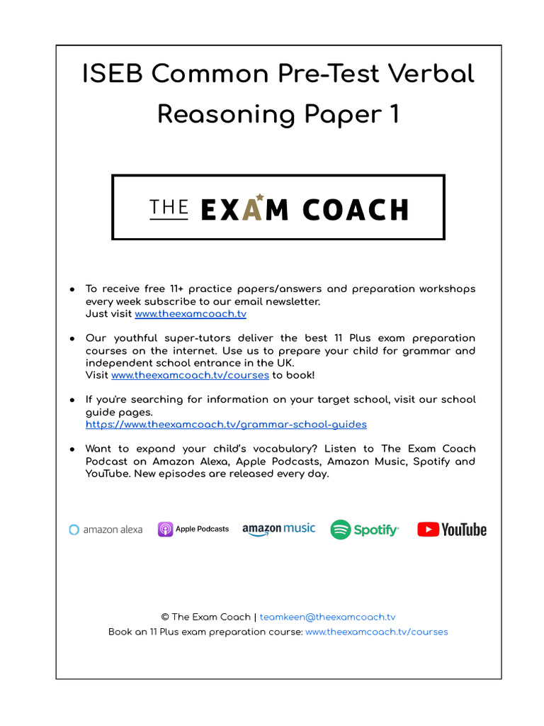 The Exam Coach 11 ISEB Common Pre-Test Verbal Reasoning Paper 1 | PDF