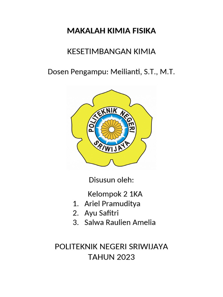 Kimia Fisika Kelompok 2 1KA-Kesetimbangan Kimia | PDF