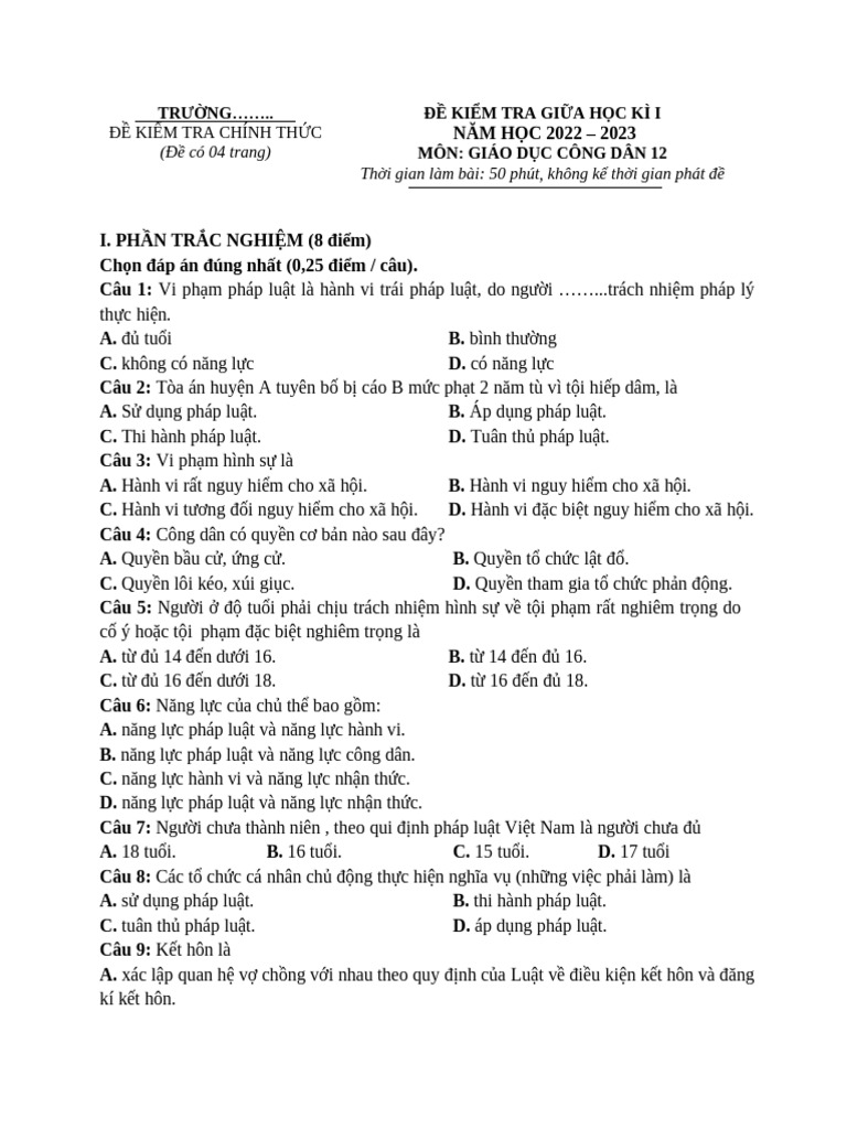 De Thi GDCD 12 Giua Ki 1 de 3 | PDF