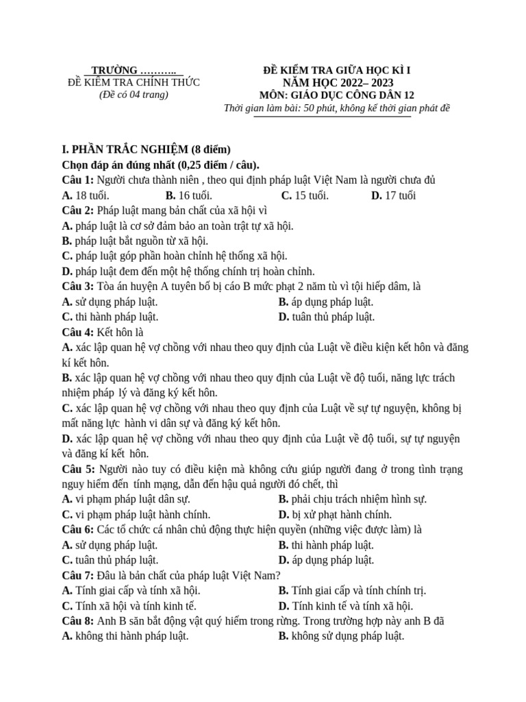 De Thi GDCD 12 Giua Ki 1 de 1 | PDF