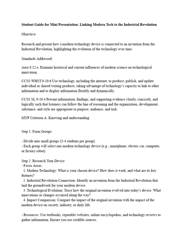 Student Guide For Mini Presentation - Linking Modern Tech To The Industrial Revolution | PDF