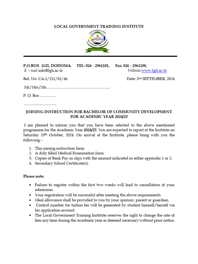 Joining Instruction For Bachelor Degree Program | PDF