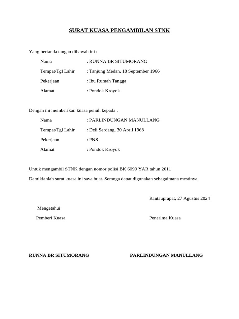 Surat Kuasa Pengambilan STNK | PDF