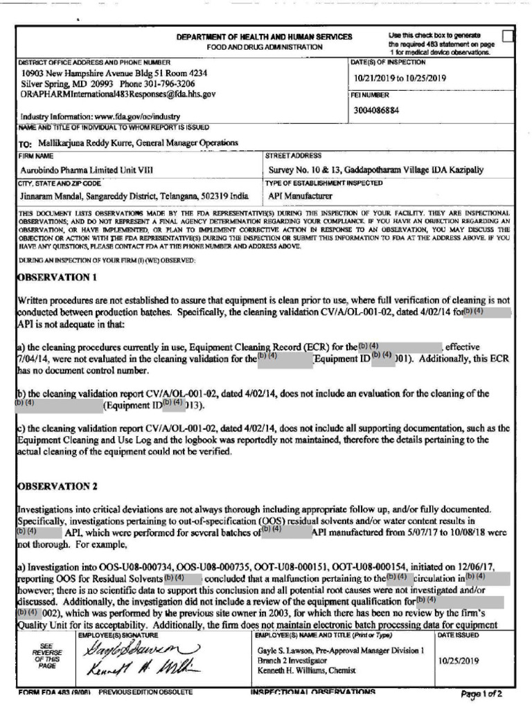 Aurobindo Pharma Ltd. Unit VIII Telangana India 10252019 483 | PDF