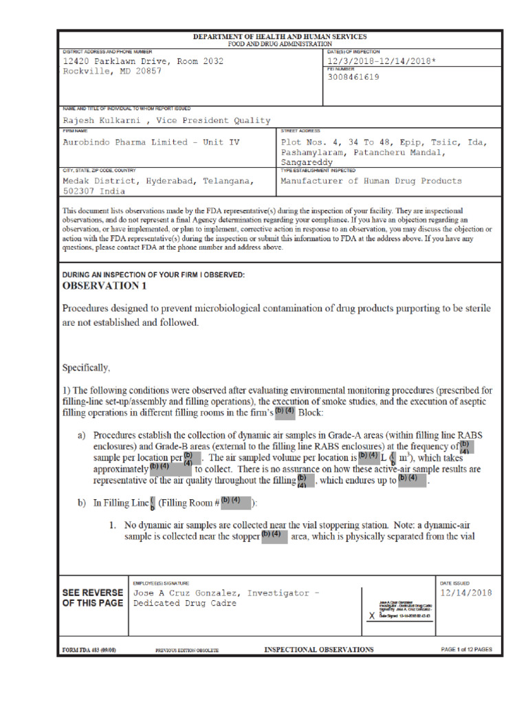 Aurobindo Pharma LTD UnitIV India 483 | PDF