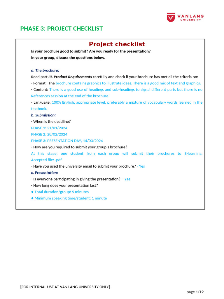 Anh Văn 2 - Sample PBA Manual - PHASE 3 - Project Checklist | PDF