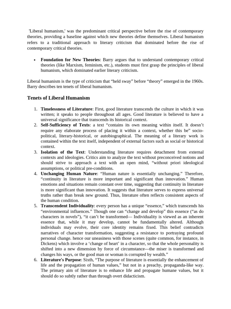 Tenets of Liberal Humanism: Foundation For New Theories | PDF