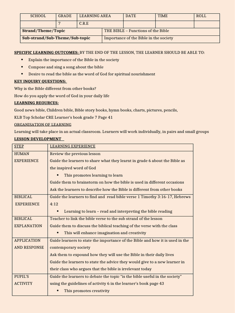 Grade 7 Term 2 Cre Lesson Plans | PDF