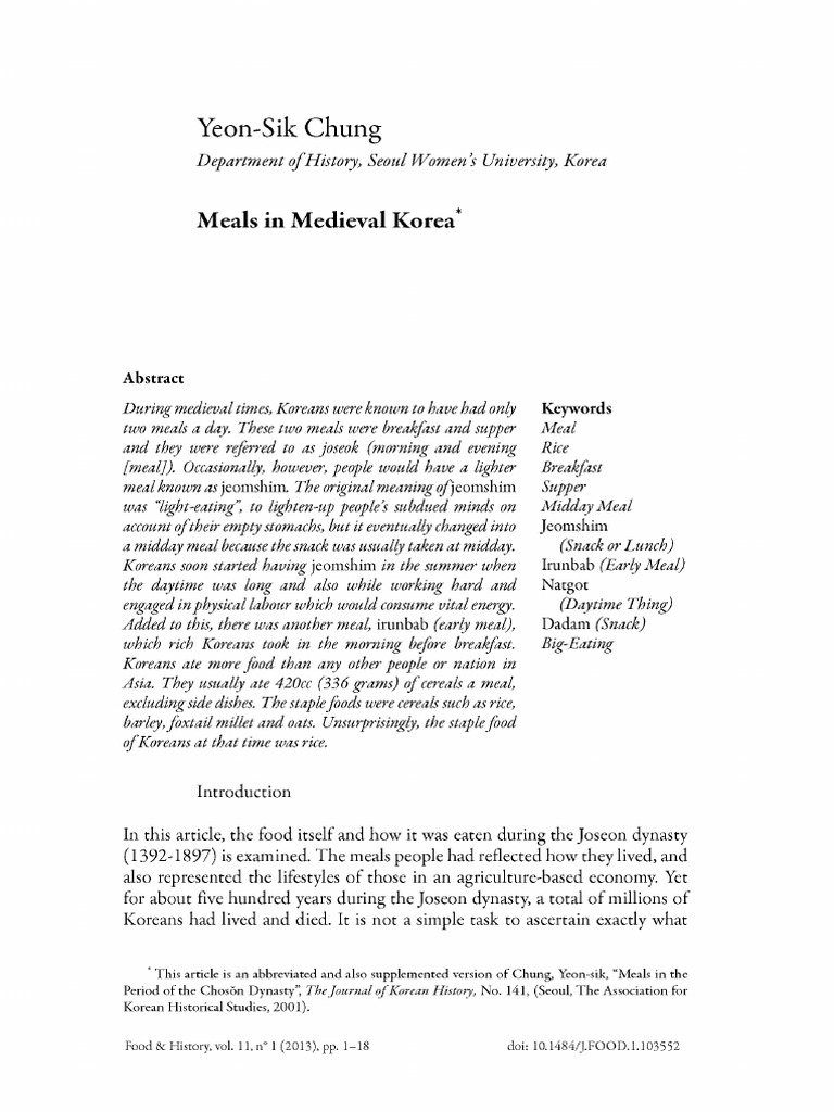 Chung 2013 Meals in Medieval Korea | PDF