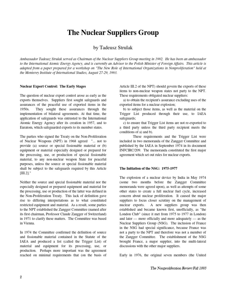 The Nuclear Suppliers Group: by Tadeusz Strulak | PDF | Treaty On The Non Proliferation Of ...