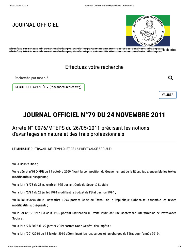 Arrêté #0076-MTEPS Du 26.05.2011 Précisant Les Notions D'avantages en Nature Et Des Frais ...