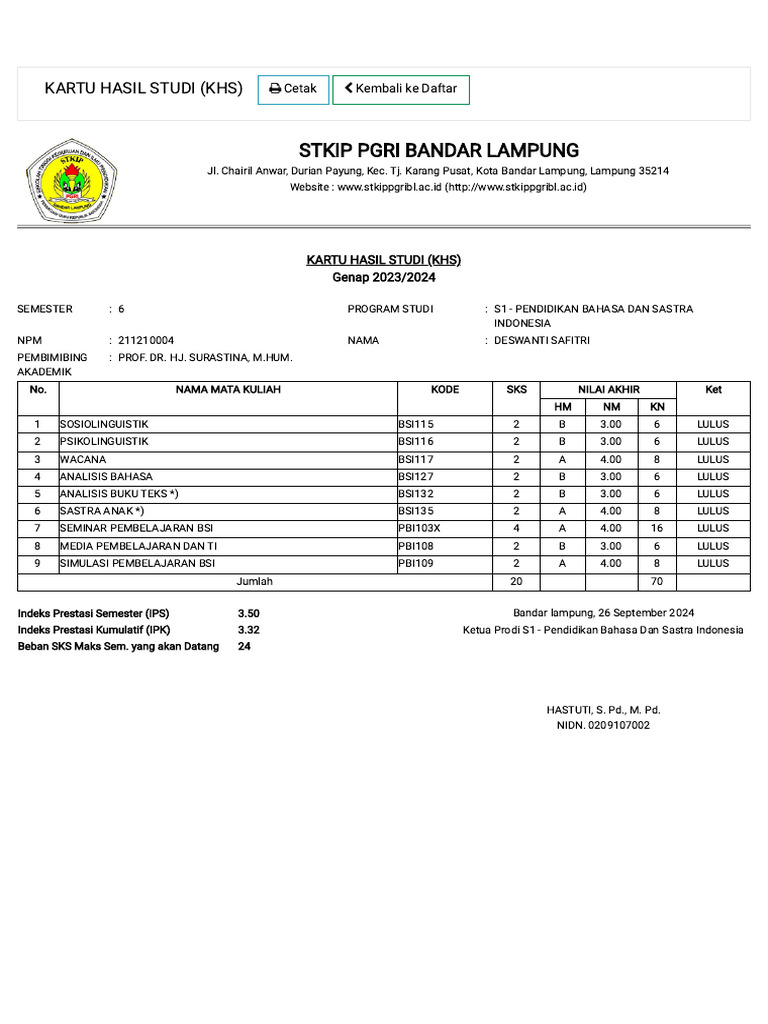 Kartu Hasil Studi 6 (KHS) | PDF