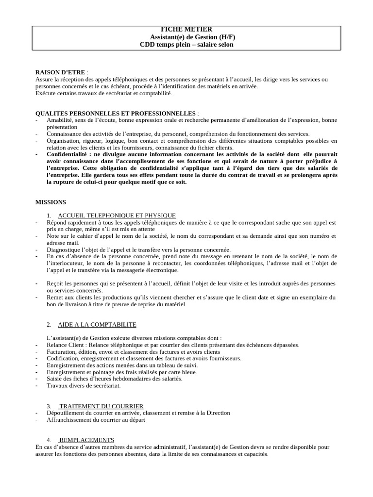 Fiche de poste-Assistante-de-Gestion | PDF
