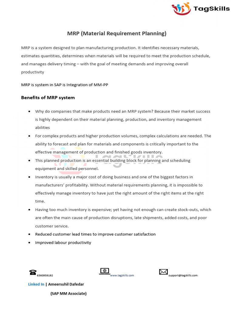 MRP (Material Requirement Planning) : Benefits of MRP System | PDF