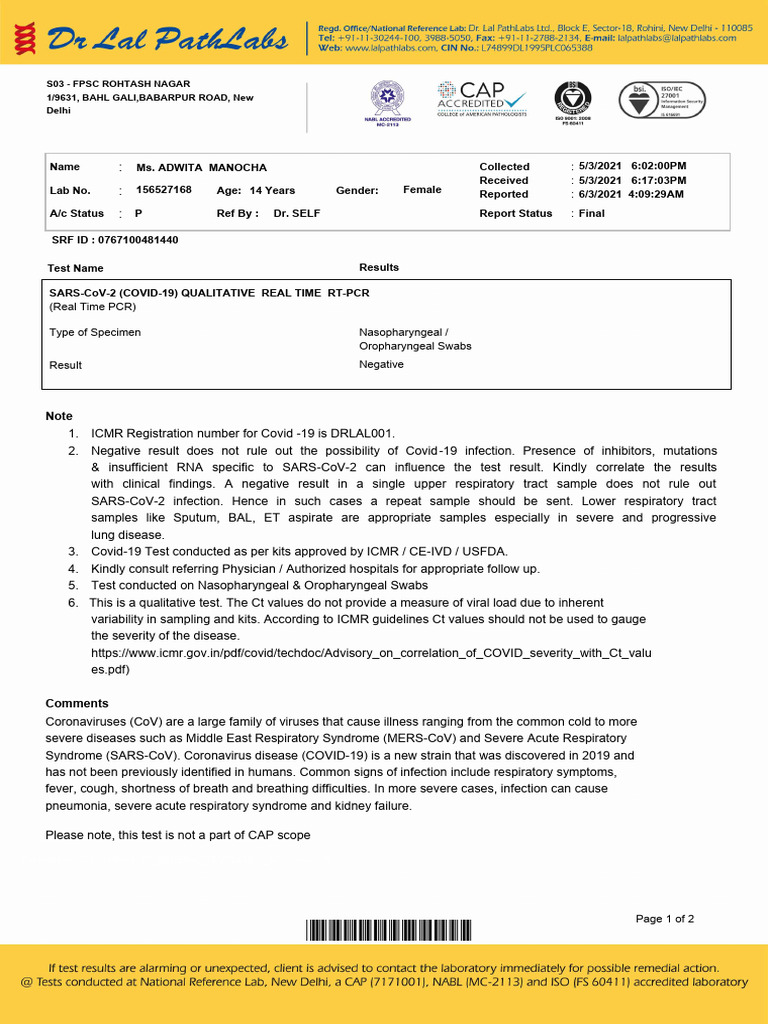 COVID-19 RT-PCR Test Report | PDF | Diseases And Disorders | Immunology