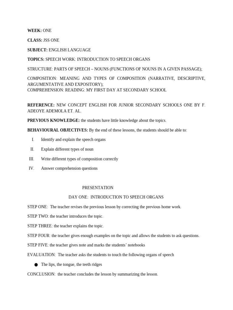 Lesson Note English For JSS 1 | PDF | Human Voice | Language Arts ...
