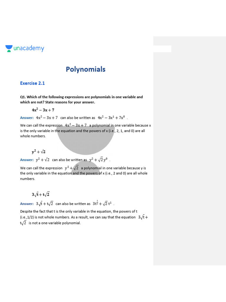 Class 9 Chapter 2 Polynomials 1 1 | PDF
