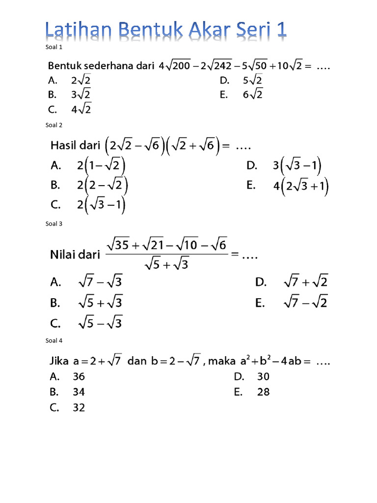 Latihan Bentuk Akar Seri 1 | PDF