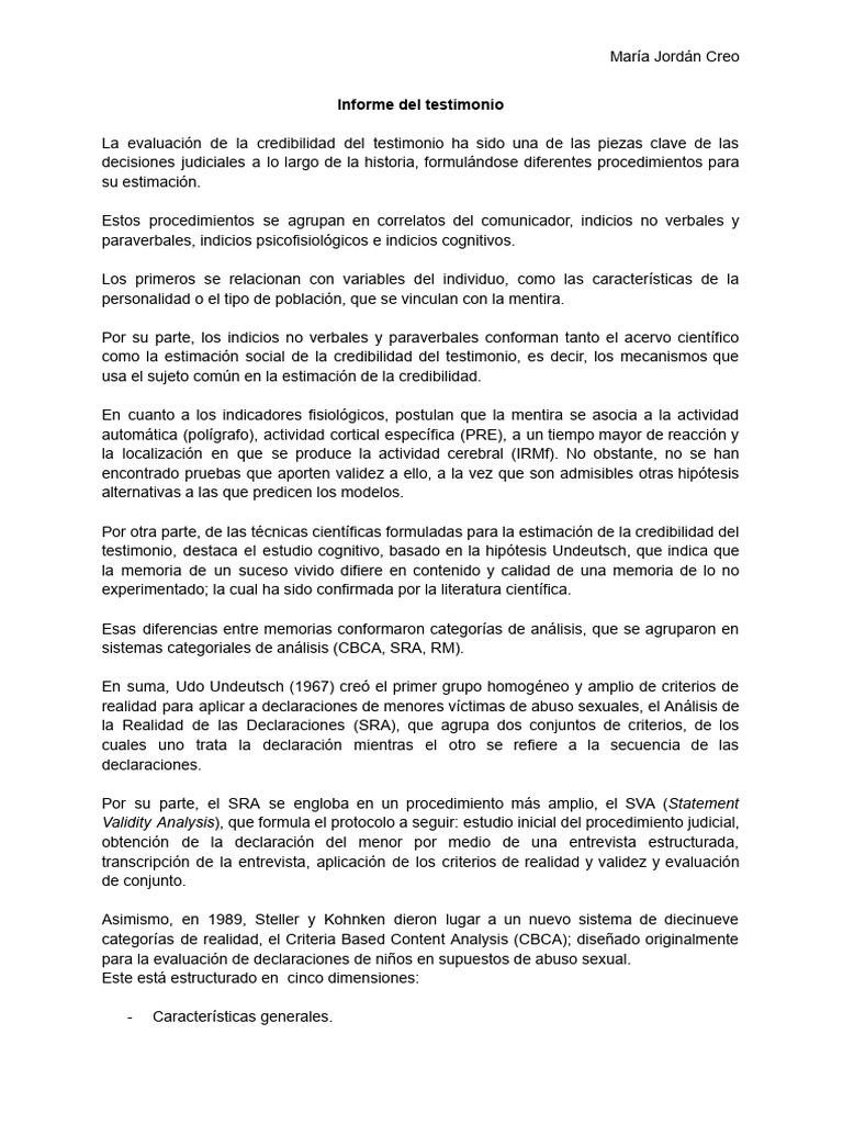 Informe Del Testimonio | PDF