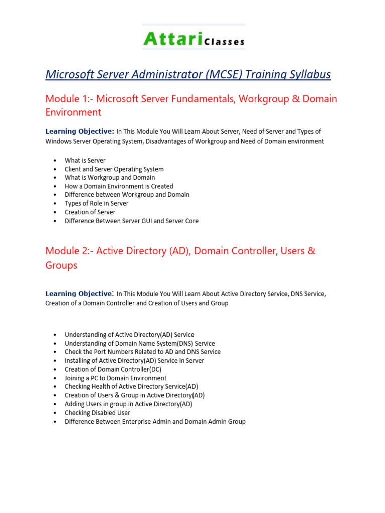MCSE Training Curriculum | PDF