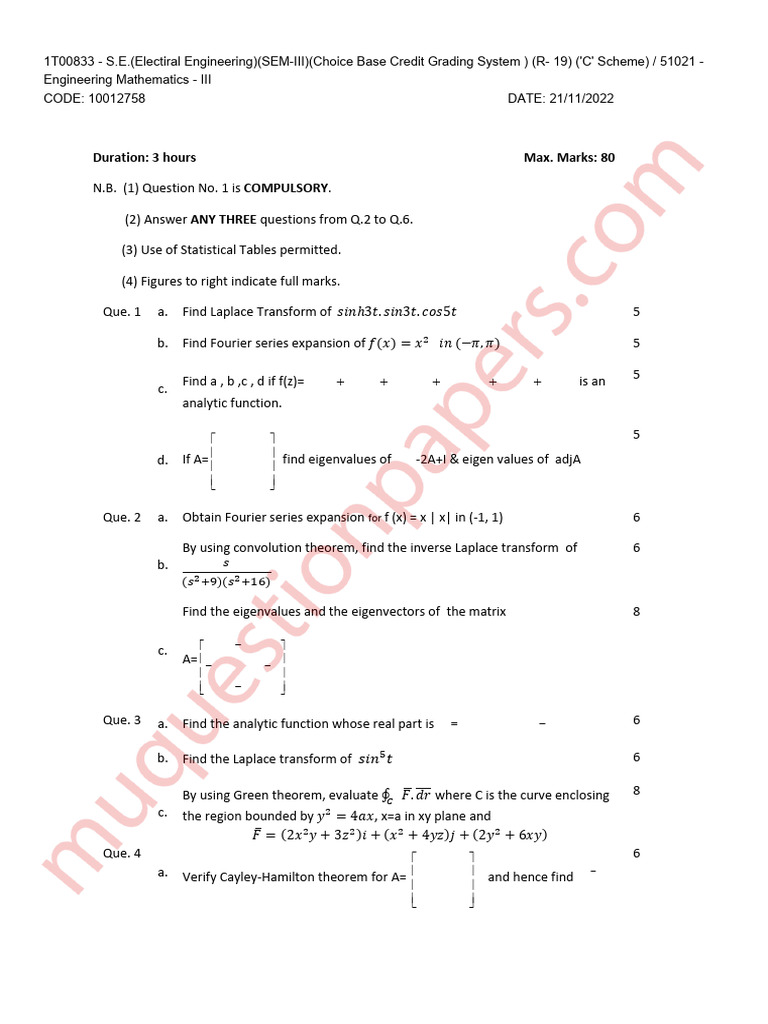 Be Electrical Engineering Semester 3 2022 December Engineering Mathematics Iiirev 2019 C Scheme ...