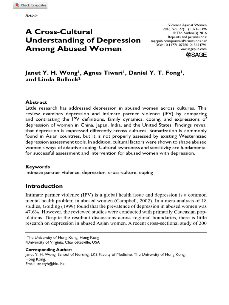 Cross Cultural Depression in Abused Women | PDF