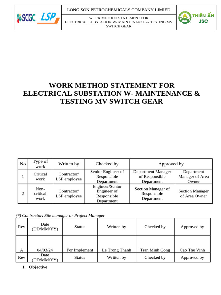 Work Method Statement - MV SWG SUB W - Upstream 060324 | PDF | Switch ...