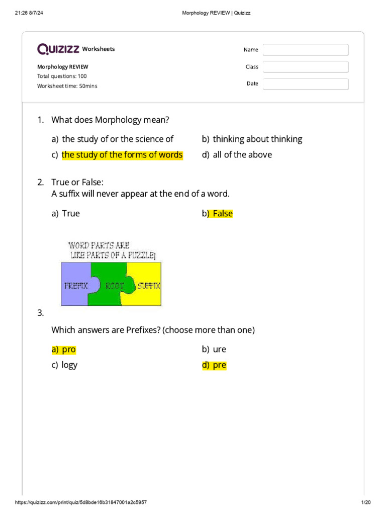 Morphology REVIEW - Quizizz | PDF