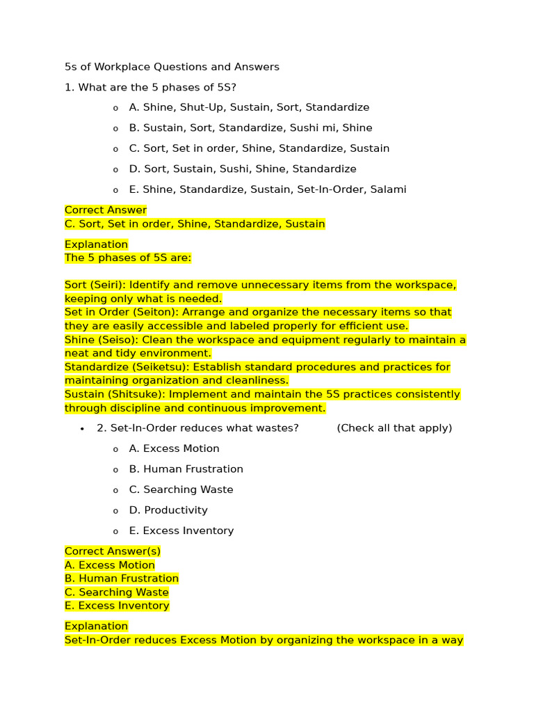 5s of Workplace Questions and Answers | PDF
