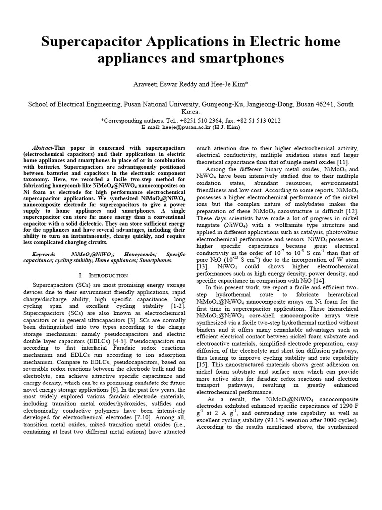 Supercapacitor Applications in Electric Home Appliances and Smartphones | PDF