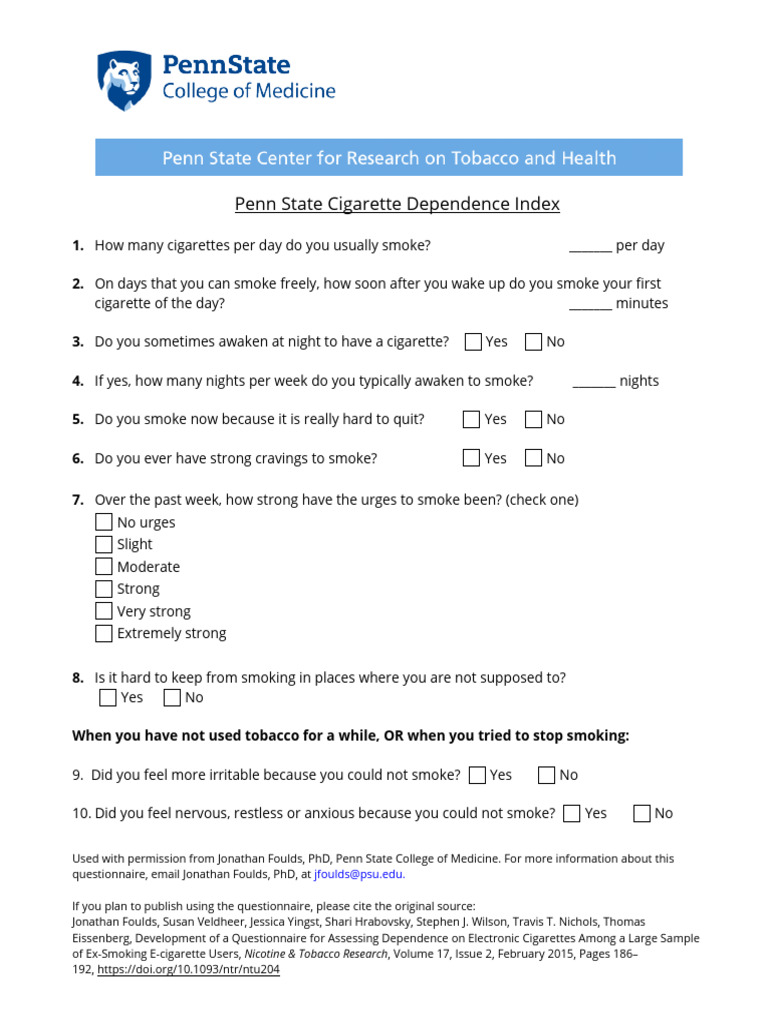 Penn State Cigarette Dependence Index | PDF
