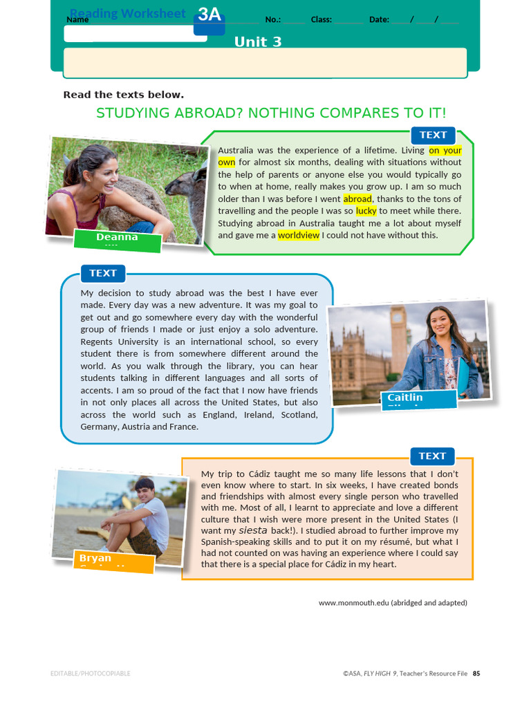 Reading Worksheet 3A | PDF