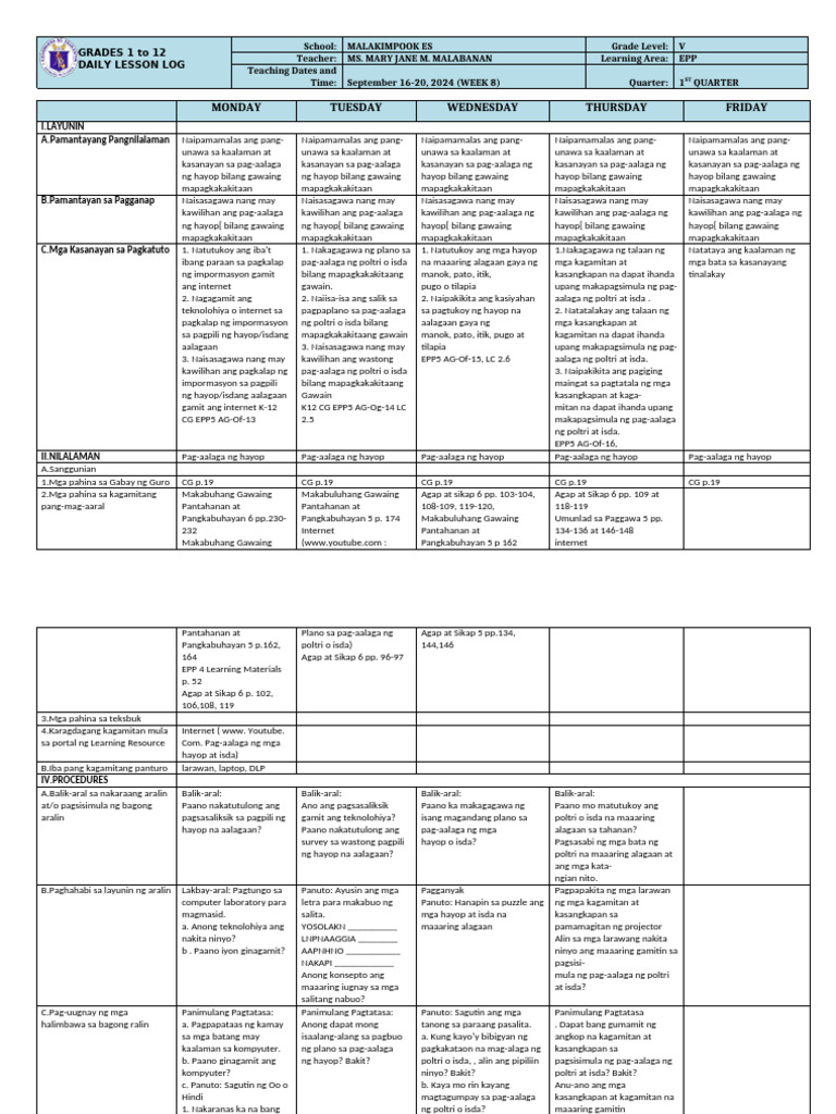 DLL - Epp 5 - Q1 - W8 | PDF