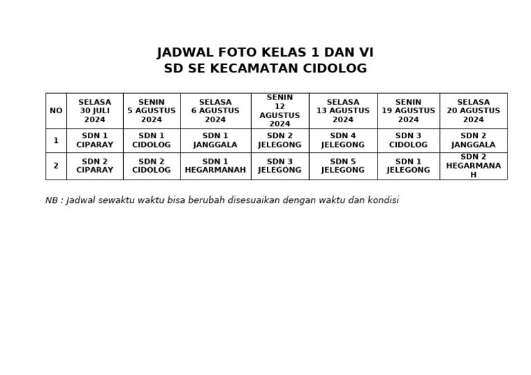 Jadwal Foto Kelas 1 Dan Vi | PDF